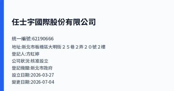 任士宇國際股份有限公司的照片-統編 62190666(新北市) 公司登記資料與營業項目詳細圖表