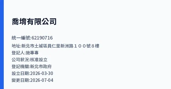 喬堉有限公司的照片-統編 62190716(新北市) 公司登記資料與營業項目詳細圖表