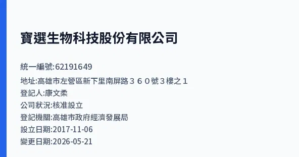 寶選生物科技股份有限公司的照片-統編 62191649(高雄市) 公司登記資料與營業項目詳細圖表