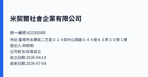 米契爾社會企業有限公司的照片-統編 62192088(臺南市) 公司登記資料與營業項目詳細圖表
