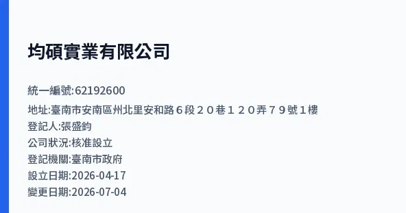 均碩實業有限公司的照片-統編 62192600(臺南市) 公司登記資料與營業項目詳細圖表