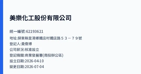 美樂化工股份有限公司的照片-統編 62193621(屏東縣) 公司登記資料與營業項目詳細圖表