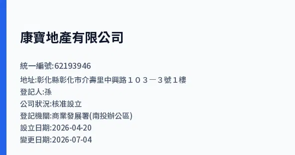 康寶地產有限公司的照片-統編 62193946(彰化縣) 公司登記資料與營業項目詳細圖表