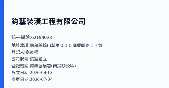 鈞藝裝潢工程有限公司的照片-統編 62194023(彰化縣) 公司登記資料與營業項目詳細圖表
