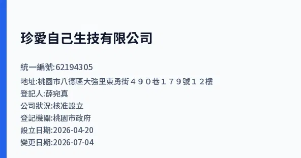 珍愛自己生技有限公司的照片-統編 62194305(桃園市) 公司登記資料與營業項目詳細圖表