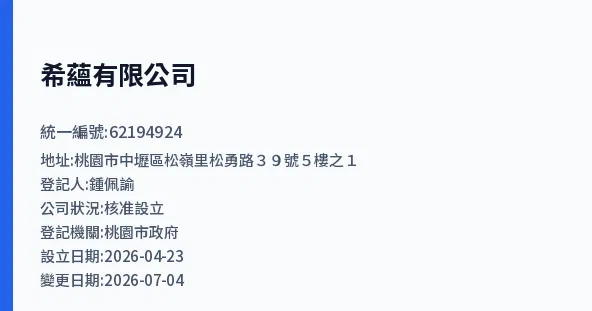 希蘊有限公司的照片-統編 62194924(桃園市) 公司登記資料與營業項目詳細圖表