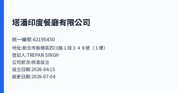 塔潘印度餐廳有限公司的照片-統編 62195450(新北市) 公司登記資料與營業項目詳細圖表