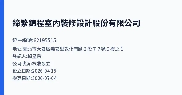 締繁錦程室內裝修設計股份有限公司的照片-統編 62195515(臺北市) 公司登記資料與營業項目詳細圖表
