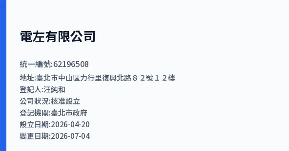 電左有限公司的照片-統編 62196508(臺北市) 公司登記資料與營業項目詳細圖表