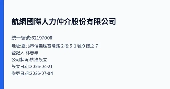 航網國際人力仲介股份有限公司的照片-統編 62197008 公司登記資料與營業項目詳細圖表
