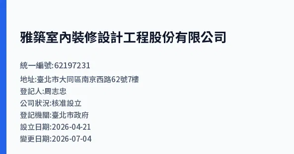 雅築室內裝修設計工程股份有限公司的照片-統編 62197231(臺北市) 公司登記資料與營業項目詳細圖表