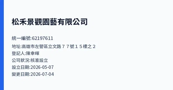 松禾景觀園藝有限公司的照片-統編 62197611(高雄市) 公司登記資料與營業項目詳細圖表