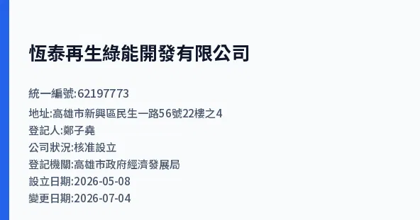 恆泰再生綠能開發有限公司的照片-統編 62197773(高雄市) 公司登記資料與營業項目詳細圖表