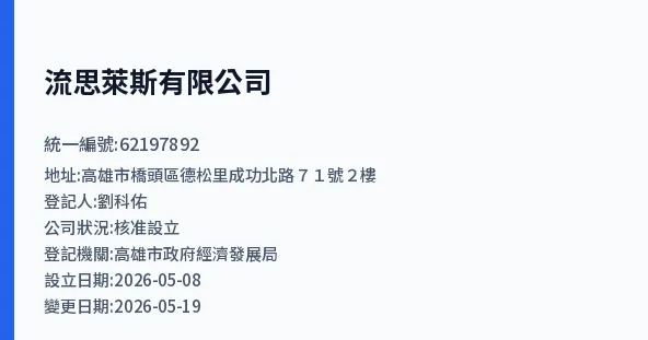 流思萊斯有限公司的照片-統編 62197892(高雄市) 公司登記資料與營業項目詳細圖表