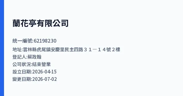 蘭花亭有限公司的照片-統編 62198230 公司登記資料與營業項目詳細圖表