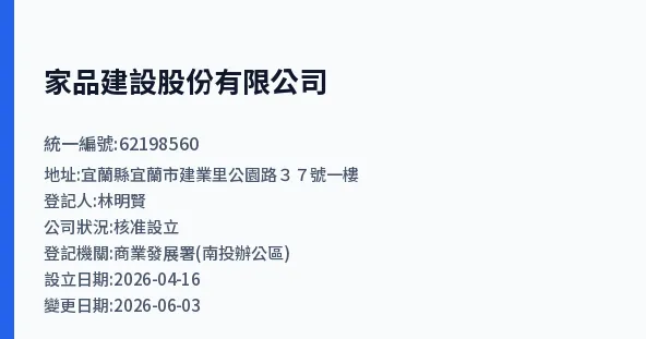 家品建設股份有限公司的照片-統編 62198560(宜蘭縣) 公司登記資料與營業項目詳細圖表