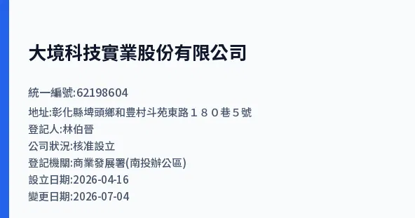 大境科技實業股份有限公司的照片-統編 62198604(彰化縣) 公司登記資料與營業項目詳細圖表