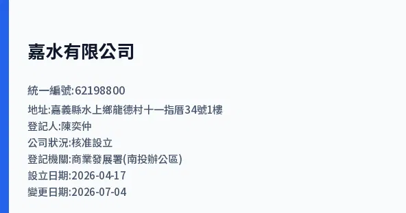 嘉水有限公司的照片-統編 62198800(嘉義縣) 公司登記資料與營業項目詳細圖表