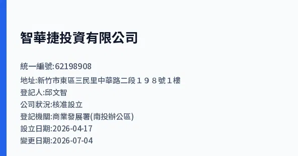 智華捷投資有限公司的照片-統編 62198908(新竹市) 公司登記資料與營業項目詳細圖表