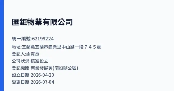 匯鉅物業有限公司的照片-統編 62199224(宜蘭縣) 公司登記資料與營業項目詳細圖表