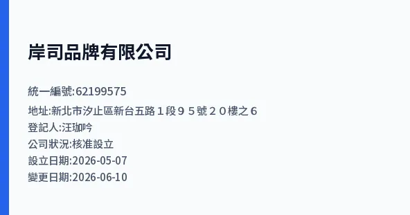 岸司品牌有限公司的照片-統編 62199575 公司登記資料與營業項目詳細圖表