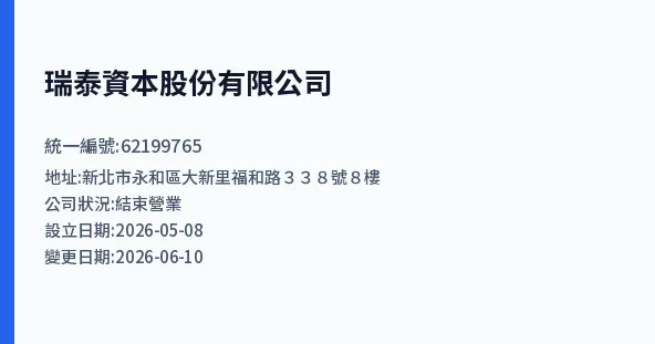 瑞泰資本股份有限公司的照片-統編 62199765 公司登記資料與營業項目詳細圖表
