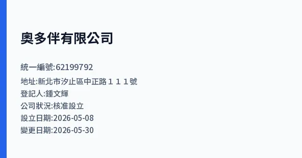 奧多伴有限公司的照片-統編 62199792(新北市) 公司登記資料與營業項目詳細圖表