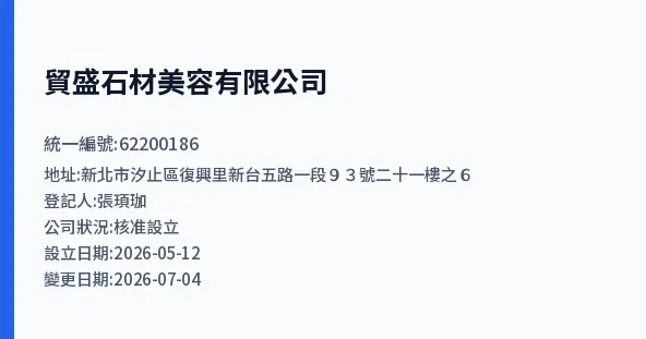貿盛石材美容有限公司的照片-統編 62200186(新北市) 公司登記資料與營業項目詳細圖表