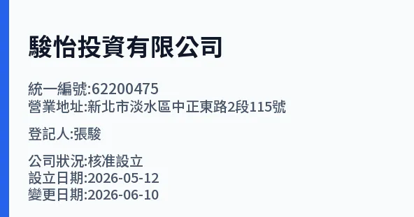 駿怡投資有限公司的照片-統編 62200475(新北市) 公司登記資料與營業項目詳細圖表