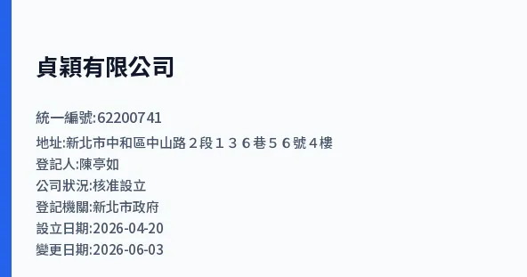貞穎有限公司的照片-統編 62200741(新北市) 公司登記資料與營業項目詳細圖表