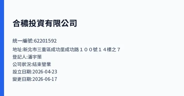 合穠投資有限公司的照片-統編 62201592 公司登記資料與營業項目詳細圖表