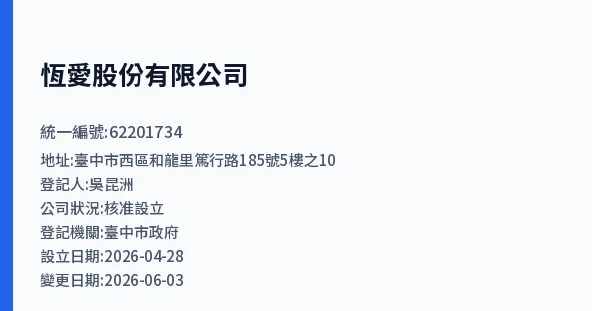 恆愛股份有限公司的照片-統編 62201734(臺中市) 公司登記資料與營業項目詳細圖表