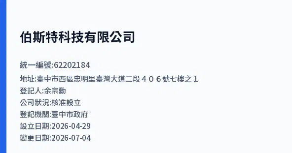 伯斯特科技有限公司的照片-統編 62202184(臺中市) 公司登記資料與營業項目詳細圖表