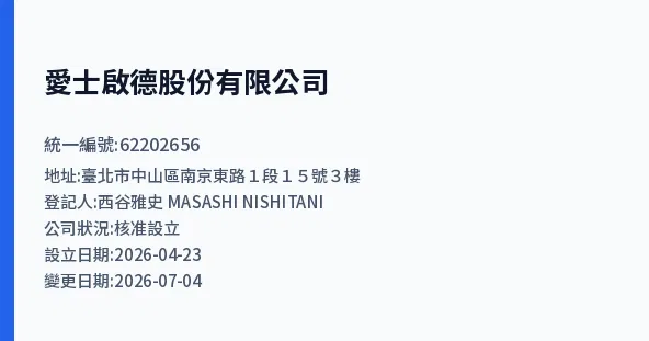 愛士啟德股份有限公司的照片-統編 62202656(臺北市) 公司登記資料與營業項目詳細圖表