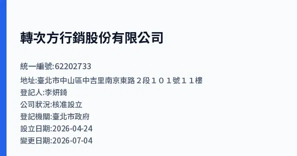 轉次方行銷股份有限公司的照片-統編 62202733(臺北市) 公司登記資料與營業項目詳細圖表