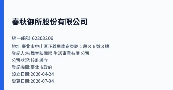 春秋御所股份有限公司的照片-統編 62203206(臺北市) 公司登記資料與營業項目詳細圖表