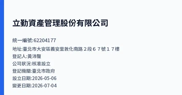 立勤資產管理股份有限公司的照片-統編 62204177(臺北市) 公司登記資料與營業項目詳細圖表