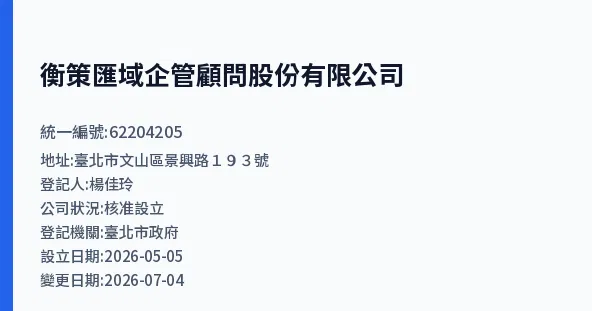 衡策匯域企管顧問股份有限公司的照片-統編 62204205(臺北市) 公司登記資料與營業項目詳細圖表