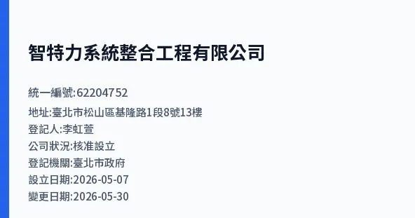 智特力系統整合工程有限公司的照片-統編 62204752(臺北市) 公司登記資料與營業項目詳細圖表