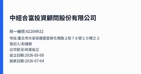 中經合富投資顧問股份有限公司的照片-統編 62204922(臺北市) 公司登記資料與營業項目詳細圖表
