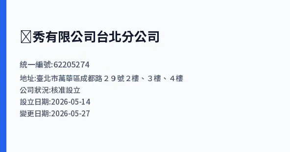 粋秀有限公司台北分公司的照片-統編 62205274(臺北市) 公司登記資料與營業項目詳細圖表