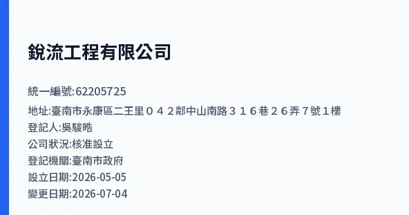 銳流工程有限公司的照片-統編 62205725(臺南市) 公司登記資料與營業項目詳細圖表