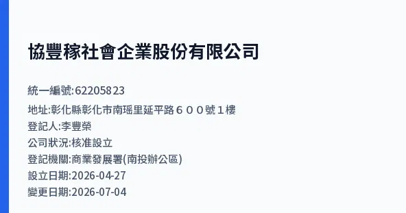 協豐稼社會企業股份有限公司的照片-統編 62205823(彰化縣) 公司登記資料與營業項目詳細圖表