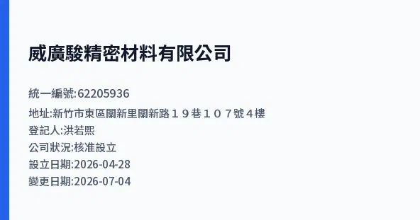 威廣駿精密材料有限公司的照片-統編 62205936 公司登記資料與營業項目詳細圖表