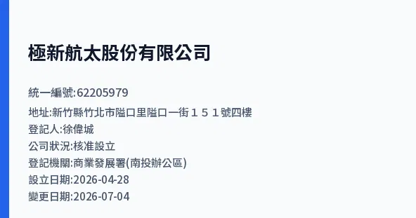極新航太股份有限公司的照片-統編 62205979(新竹縣) 公司登記資料與營業項目詳細圖表