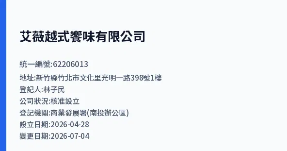 艾薇越式饗味有限公司的照片-統編 62206013(新竹縣) 公司登記資料與營業項目詳細圖表