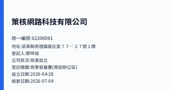 策核網路科技有限公司的照片-統編 62206061(苗栗縣) 公司登記資料與營業項目詳細圖表