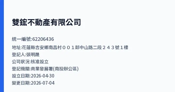雙鋐不動產有限公司的照片-統編 62206436(花蓮縣) 公司登記資料與營業項目詳細圖表