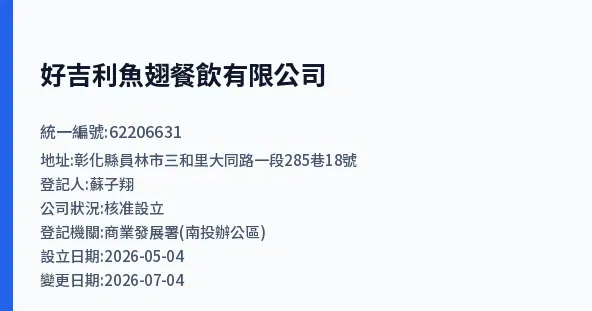 好吉利魚翅餐飲有限公司的照片-統編 62206631(彰化縣) 公司登記資料與營業項目詳細圖表