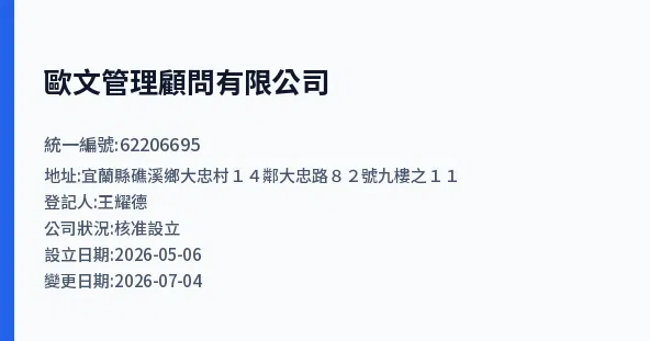 歐文管理顧問有限公司的照片-統編 62206695(宜蘭縣) 公司登記資料與營業項目詳細圖表